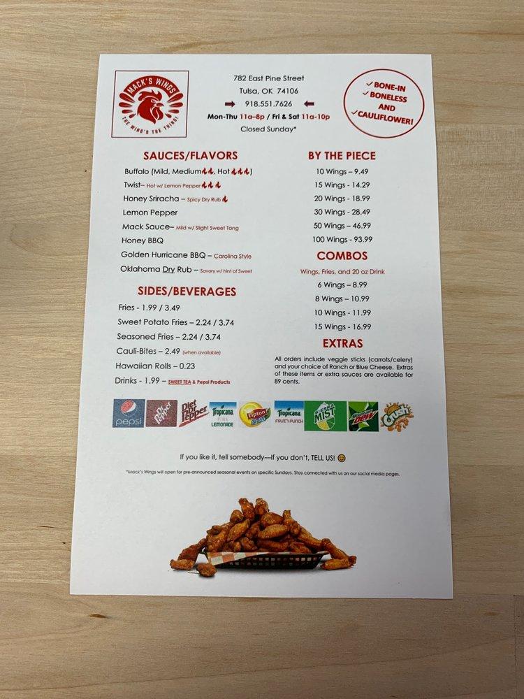 Menu at Mack's Wings restaurant, Tulsa