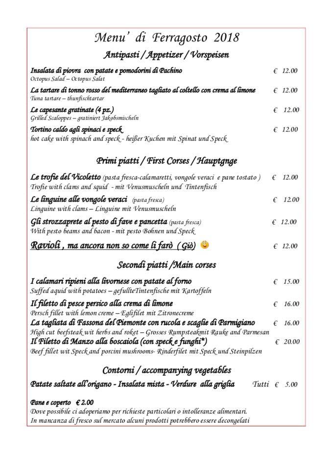 Menu da Osteria del Vicoletto ristorante, Iseo