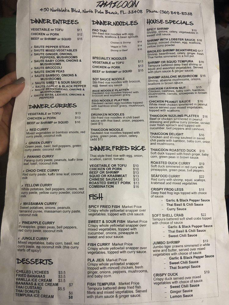 Menu at Thaicoon Restaurant, North Palm Beach