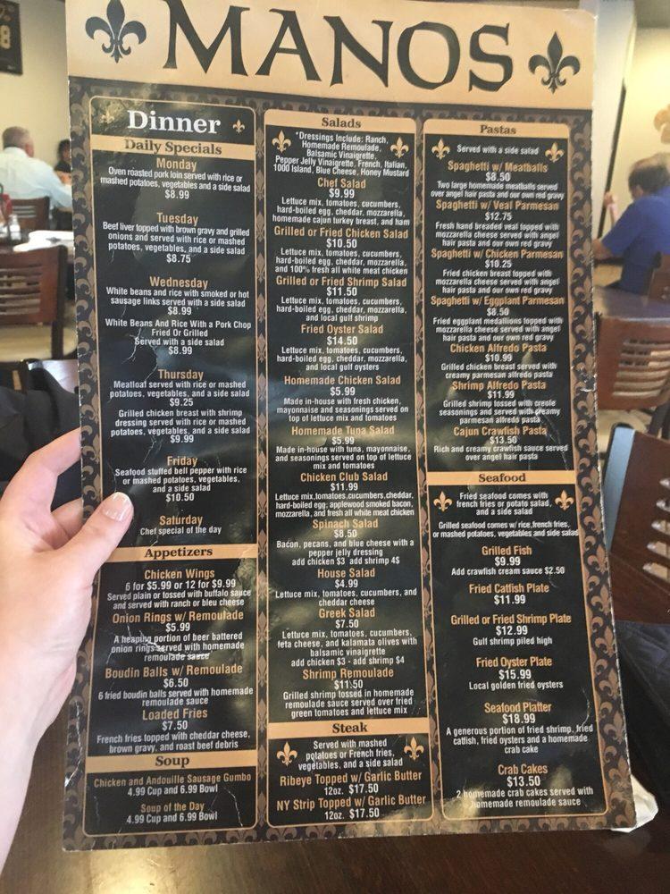 Menu at Mano's Po-Boys restaurant, Metairie
