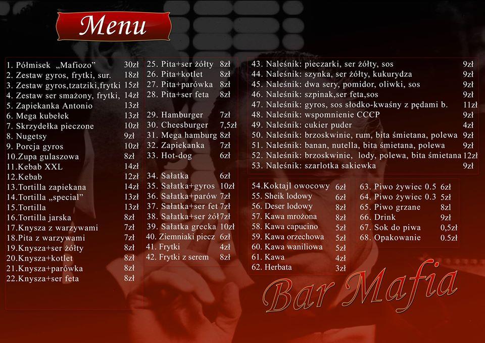 Menu at Bar Mafia, Brzeg