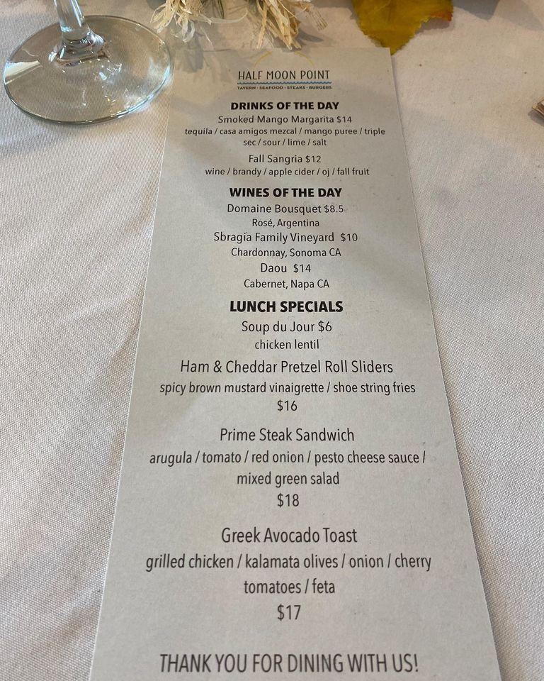 Menu at Half Moon Point Tavern & Grill pub & bar, Point Pleasant
