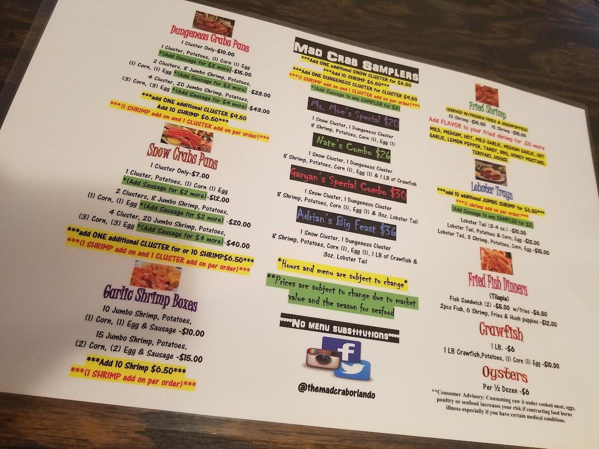 Menu at Mad Crab Seafood restaurant, Orlando