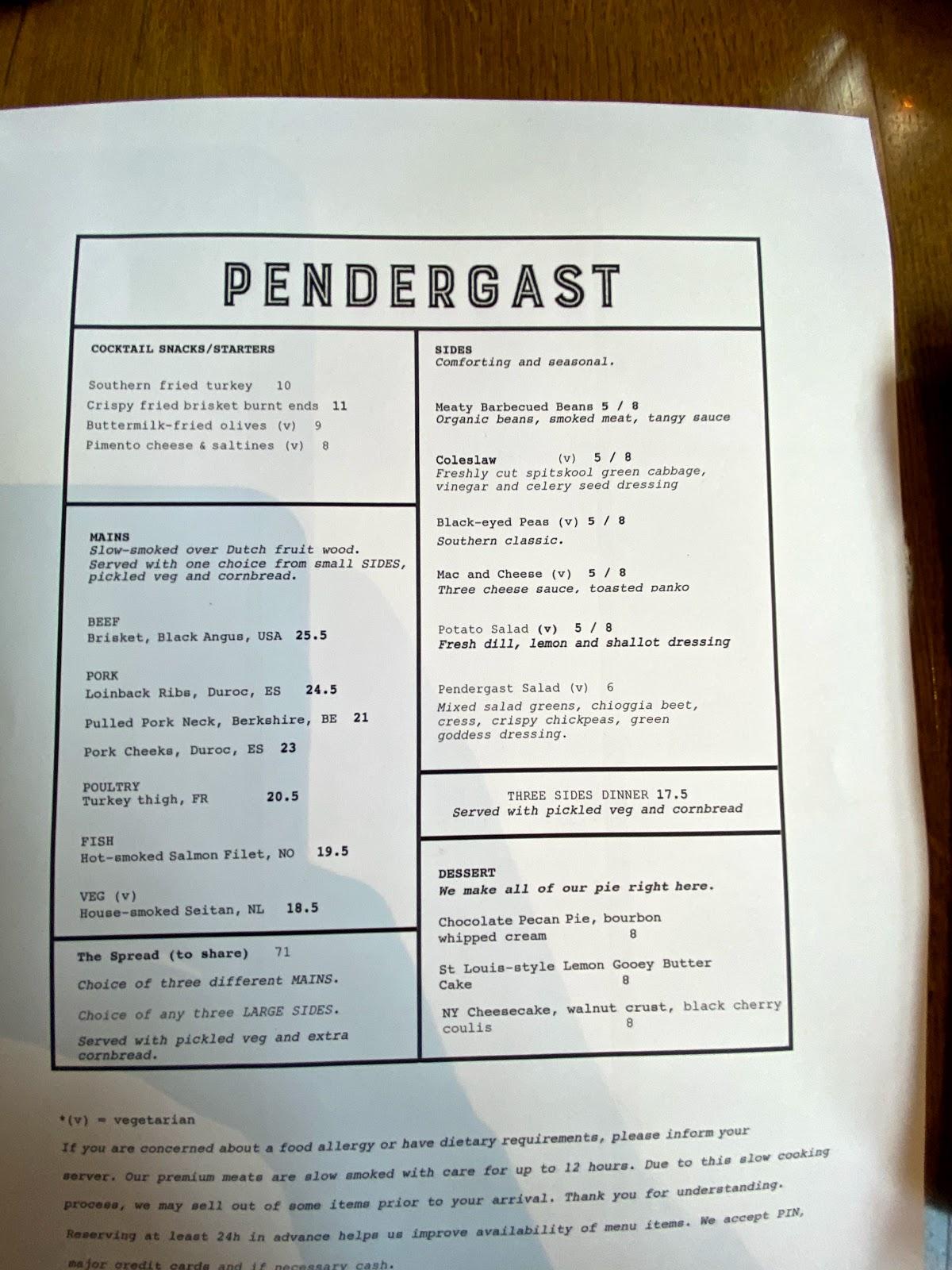 Menu at Pendergast, Amsterdam