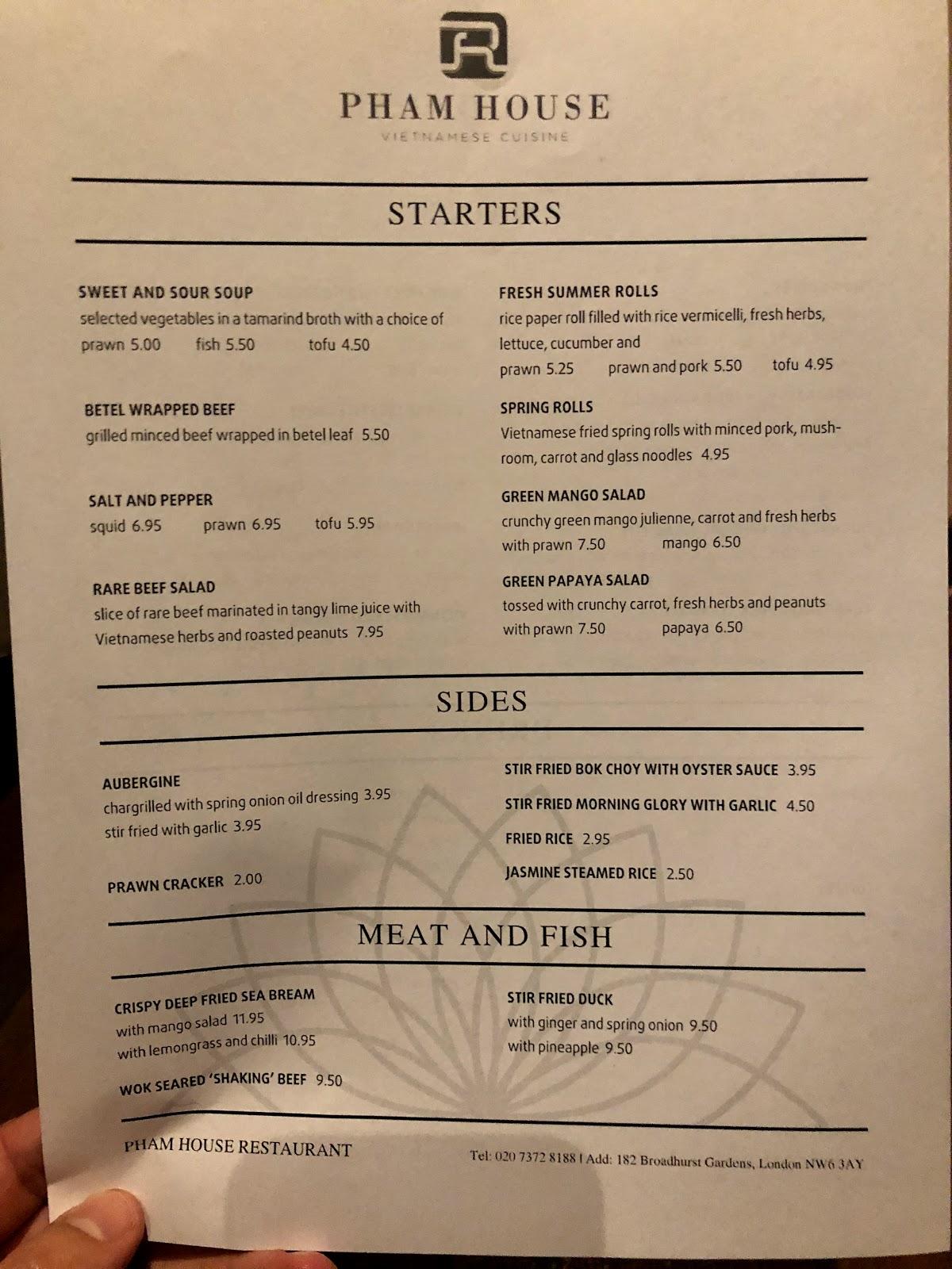 Menu at Pham House restaurant, London