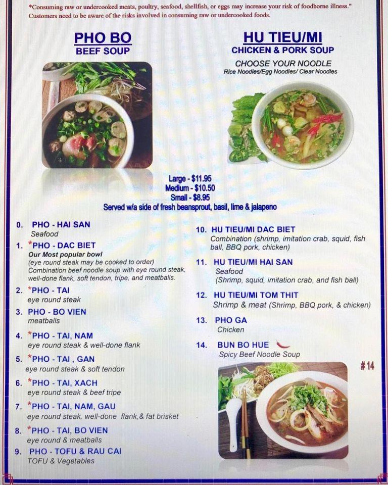 Menu at Pho Ngon restaurant, Charlotte, Ayrsley Town Blvd