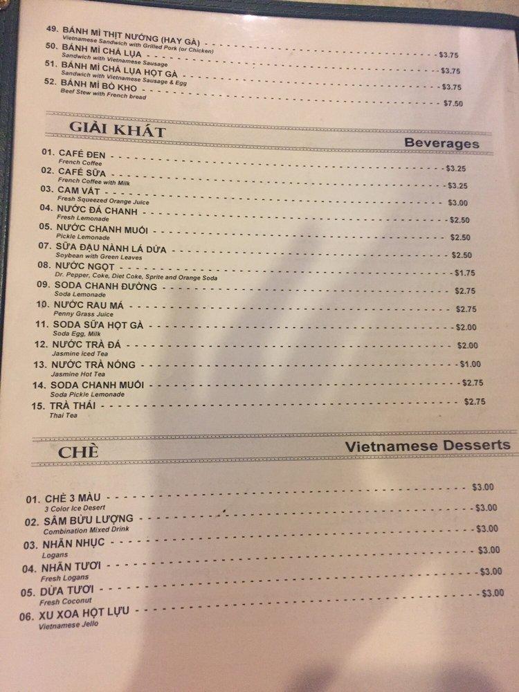 Menu at Pho Pasteur II restaurant, Carrollton