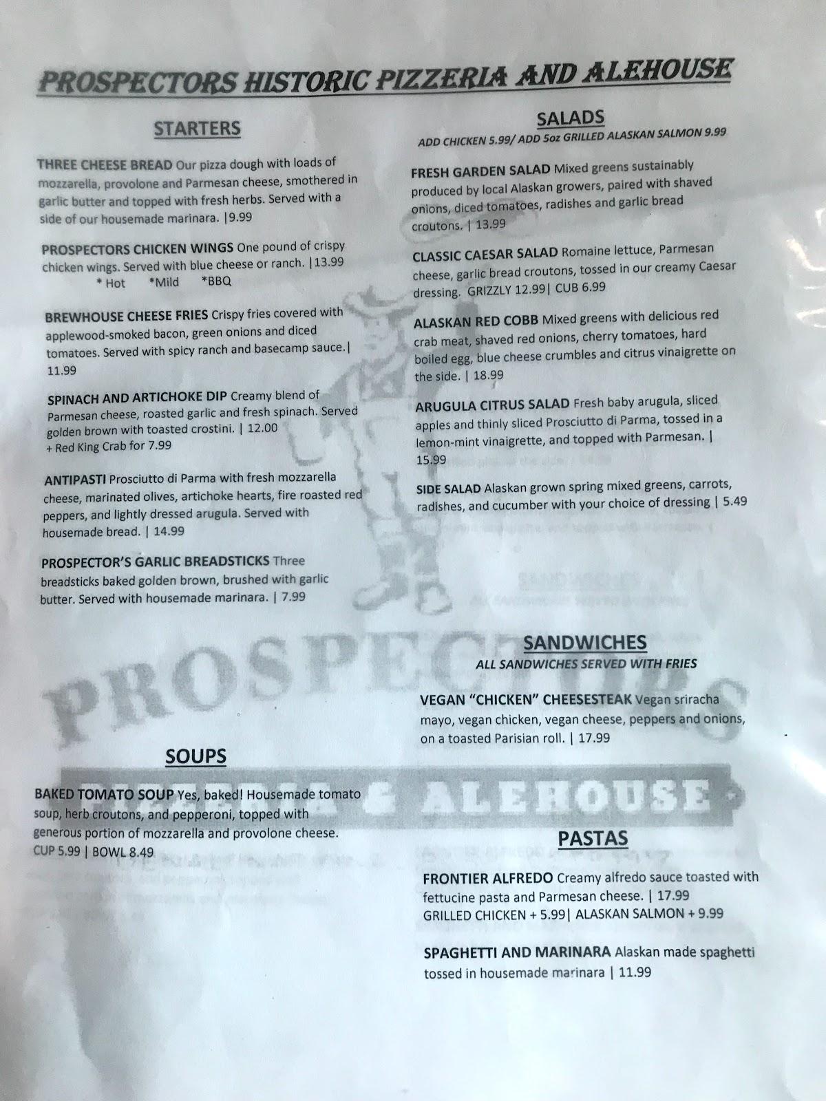 Menu at Prospectors Pizzeria and Alehouse, McKinley Park