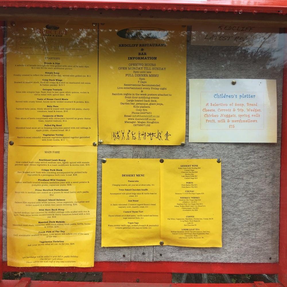 Carta de Redcliff Cafe, Te Anau