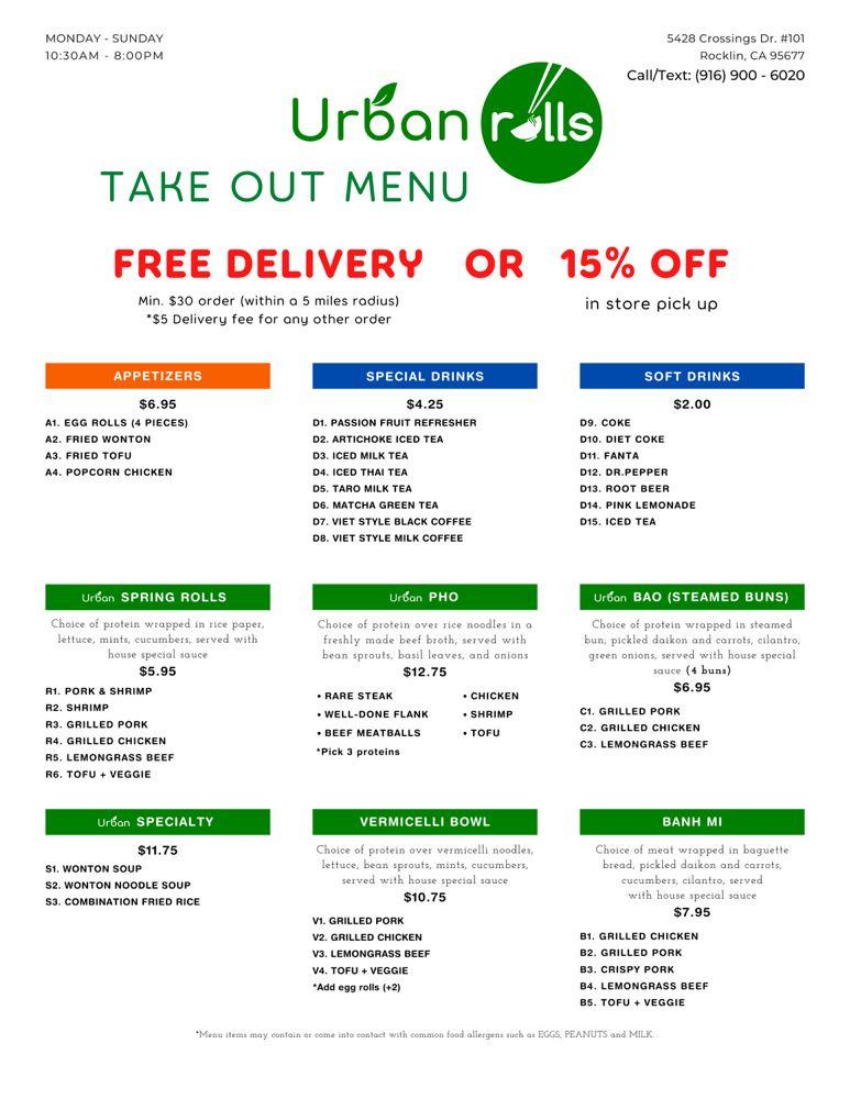 Menu at Urban Rolls cafe, Rocklin
