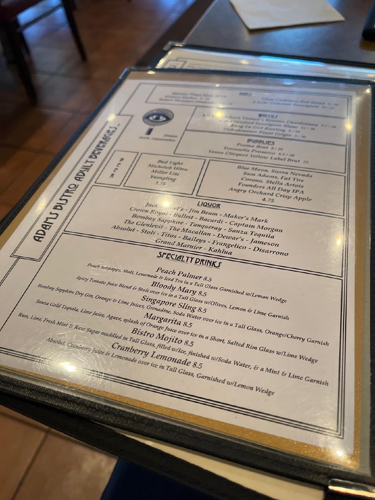 Menu at Adams Bistro steakhouse, Greenville