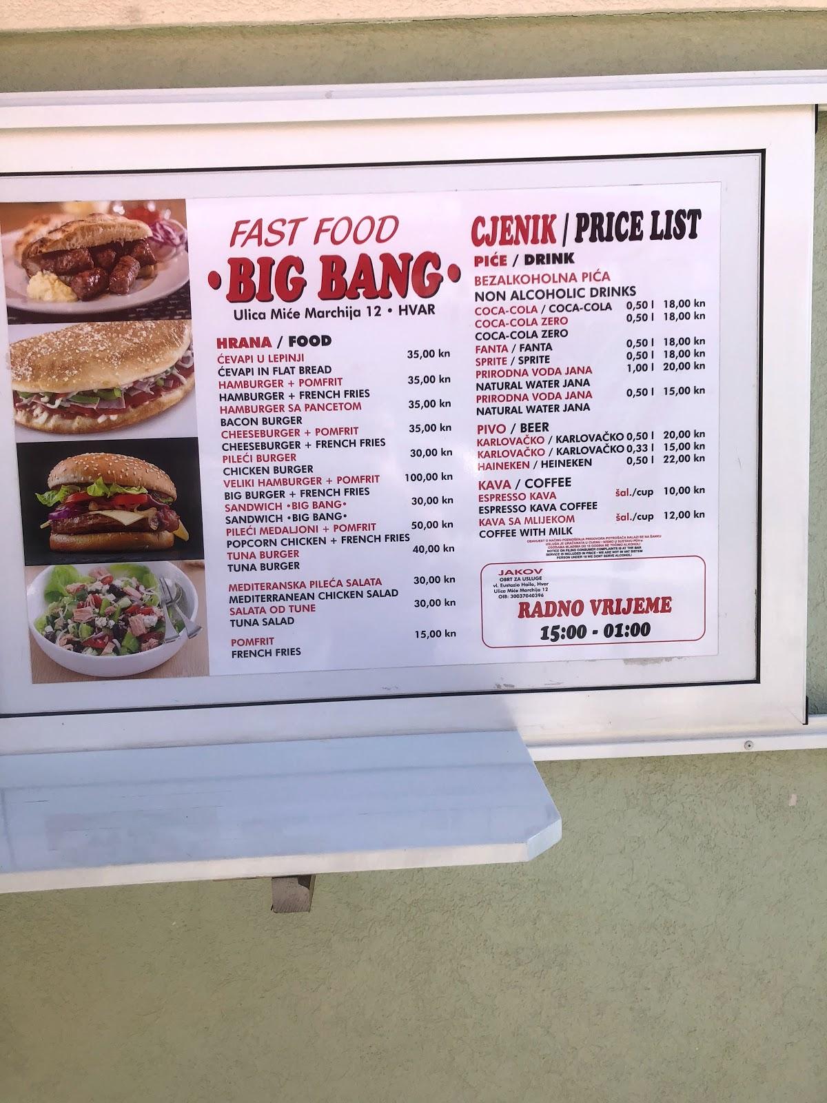 Menu at Fast Food Big Bang, Hvar
