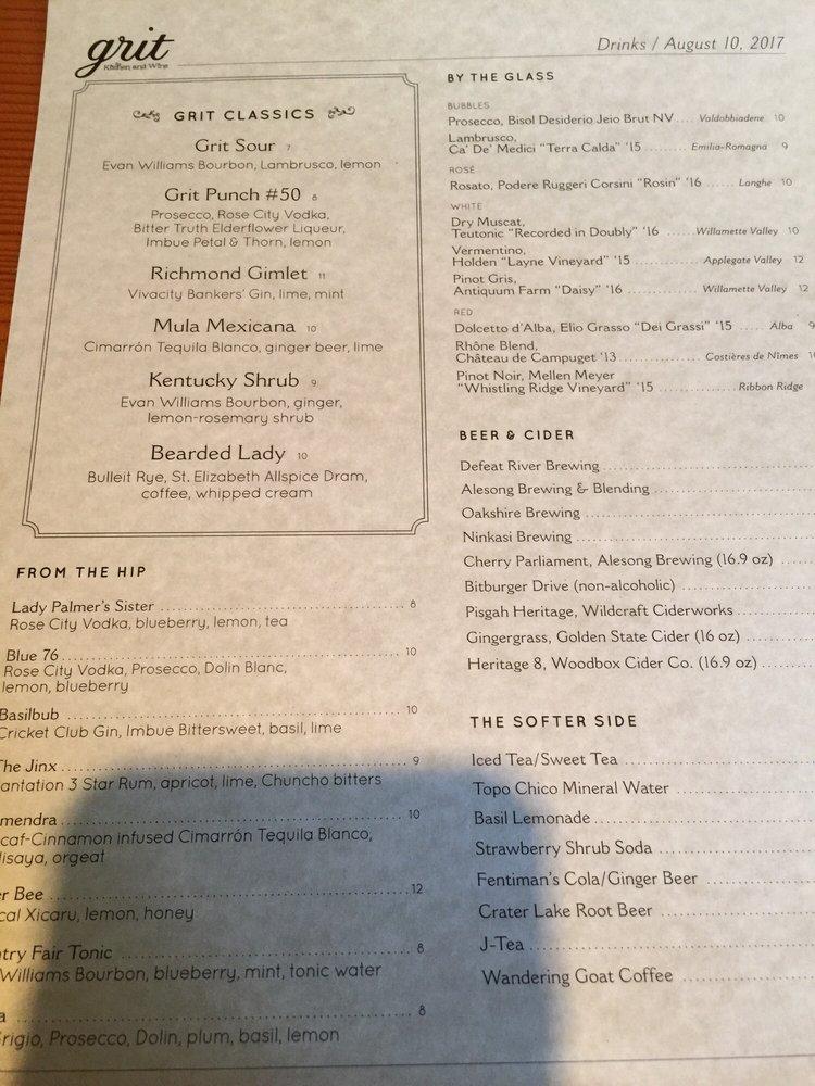 Menu at Grit restaurant, Eugene