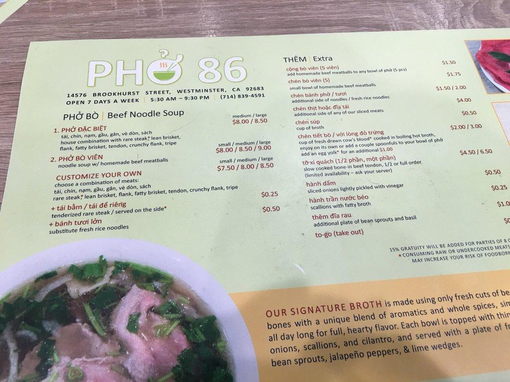 Menu at Phở 86 Restaurant, Westminster, Brookhurst St