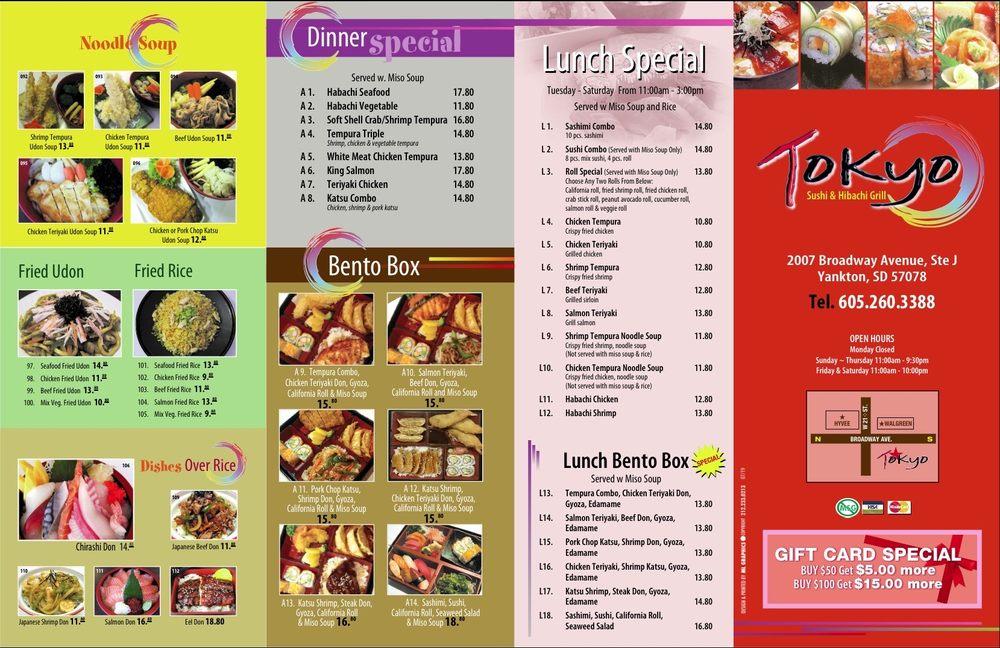 Menu at Tokyo Japanese Cuisine restaurant, Yankton