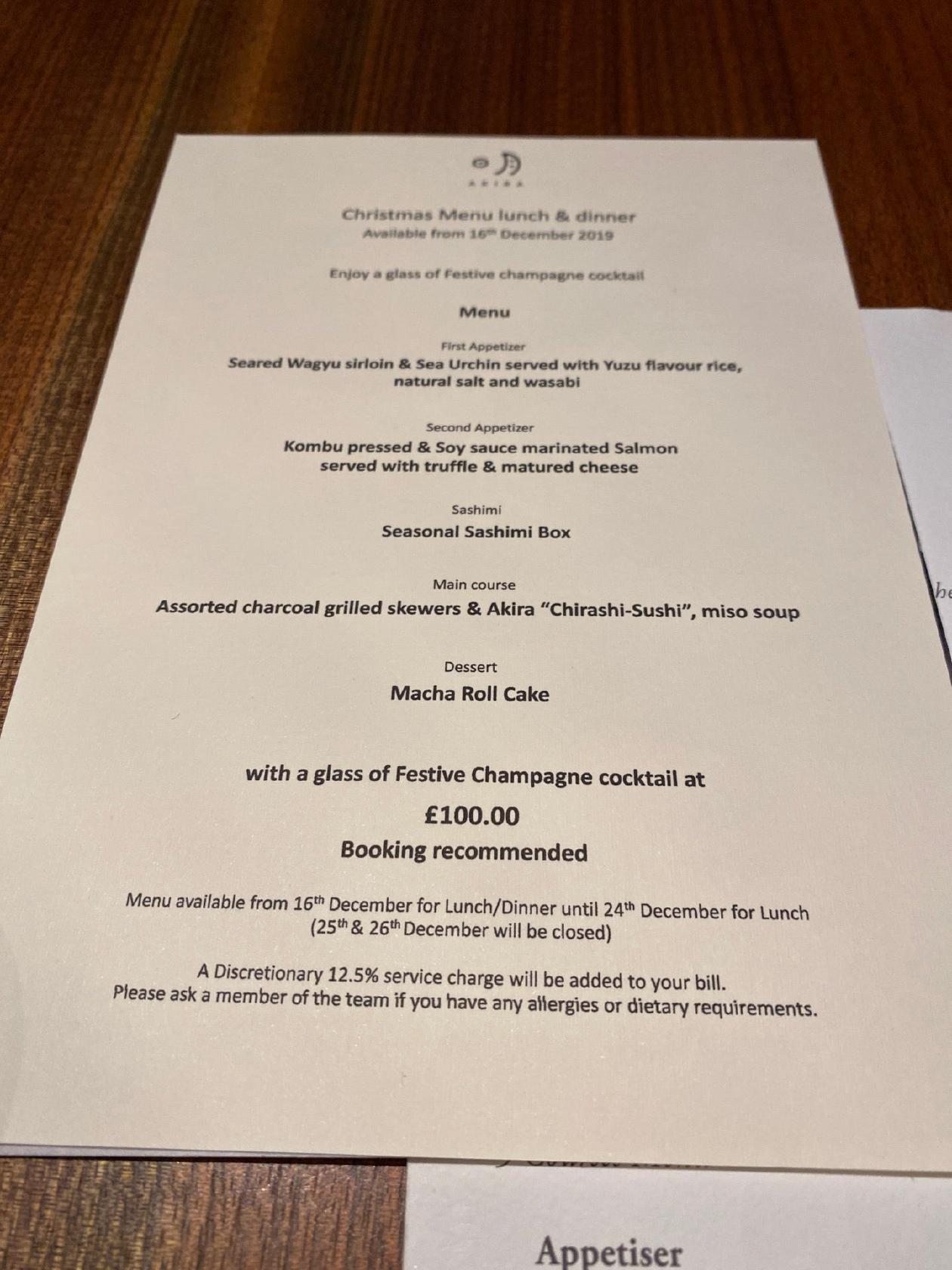 Menu at Japan House London restaurant, London, 101-111 Kensington High St