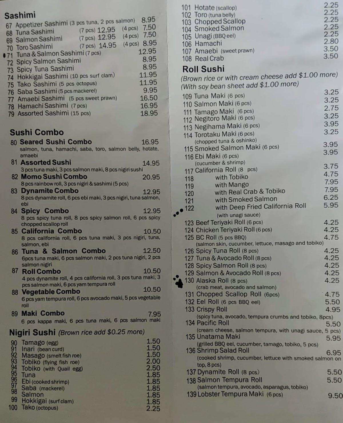 Menu at Momo Taro Japanese Restaurant, Surrey