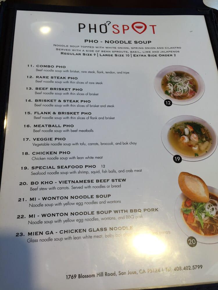 Menu at Pho Spot restaurant, San Jose, Blossom Hill Rd