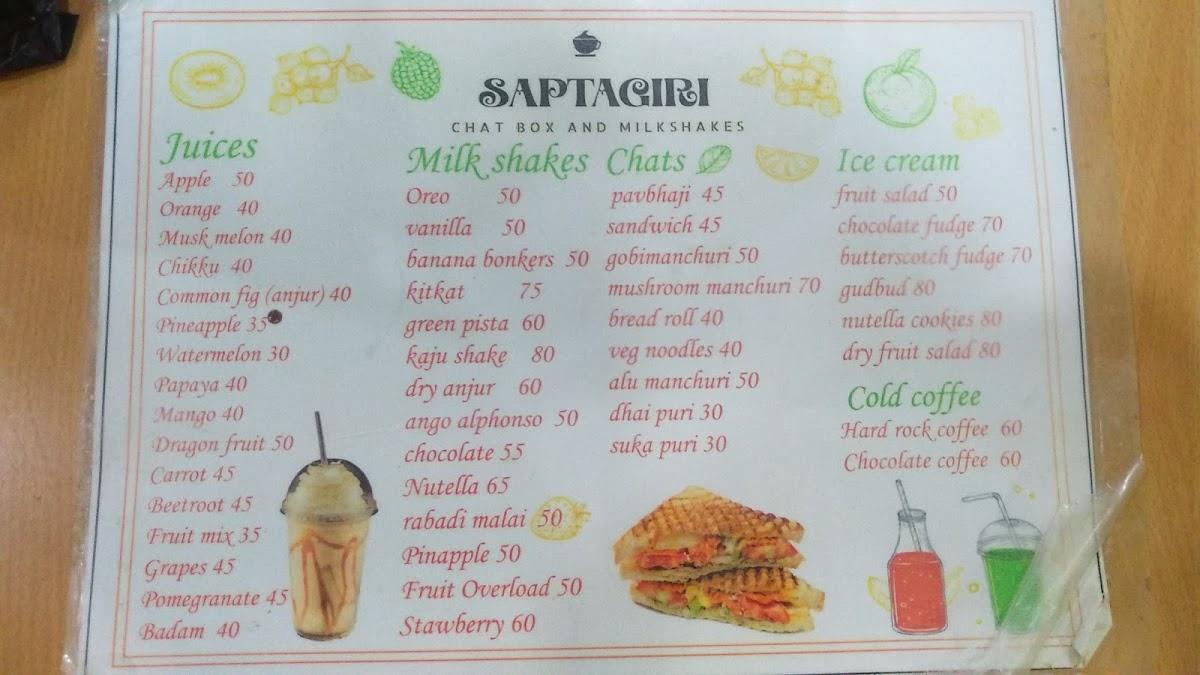 Menu at Sapthagiri chatbox and milkshake, Siruguppa
