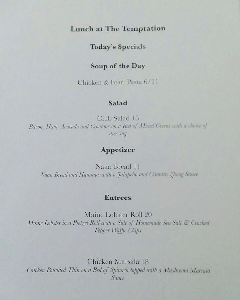 Menu at Temptation Restaurant, Boca Grande