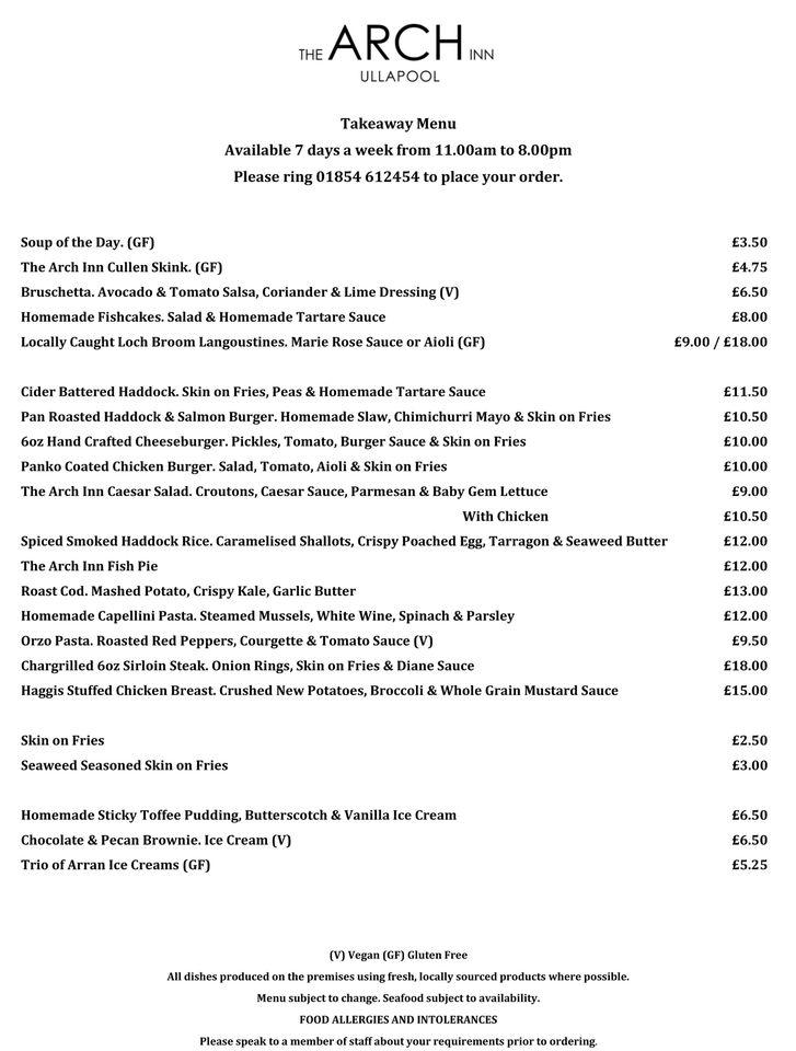 Menu at The Arch Inn pub & bar, Ullapool