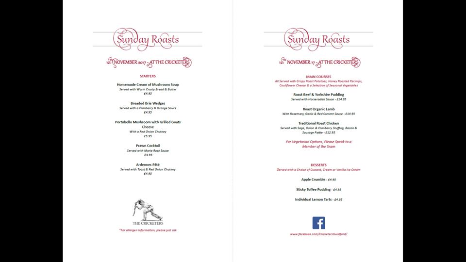 Menu at The Cricketers pub & bar, Guildford