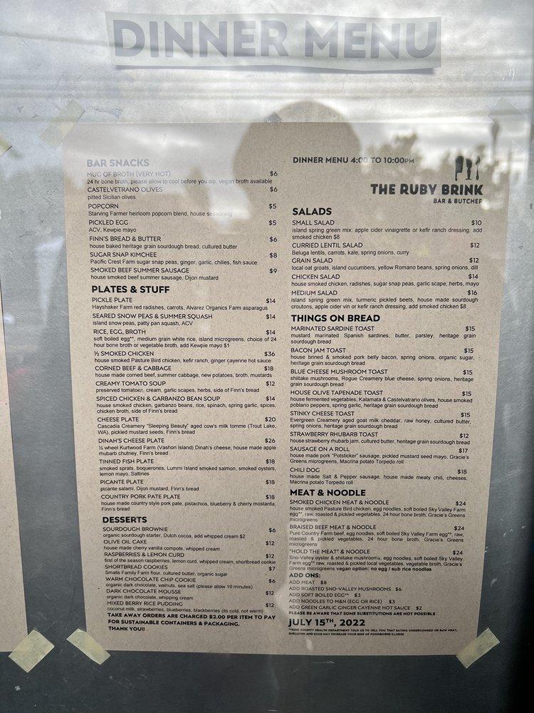 Menu at The Ruby Brink pub & bar, Vashon
