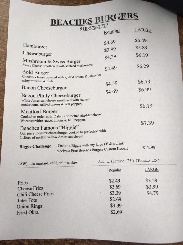 Carta del restaurante Beaches Burgers, Ocean Isle Beach