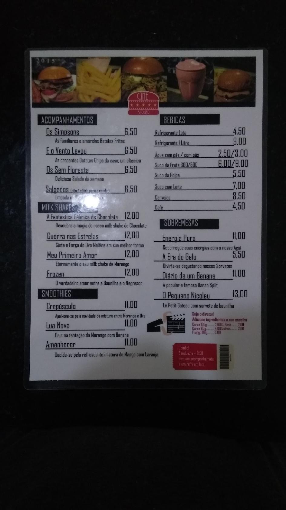 Carta del restaurante Cine Burger Vilas, Lauro del Freitas