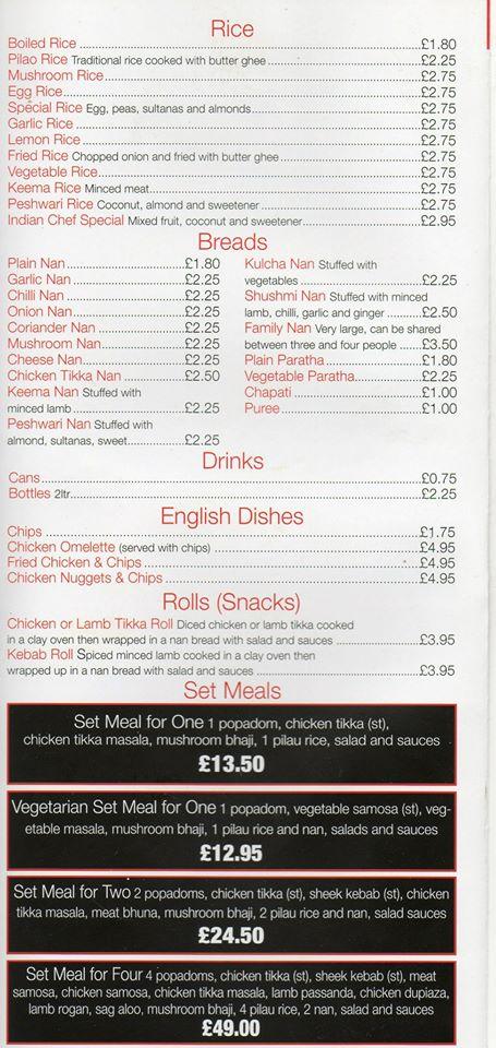 Menu at Indian Chef restaurant, Woodford Halse