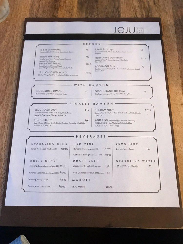 Menu at Jeju Noodle Bar, New York City