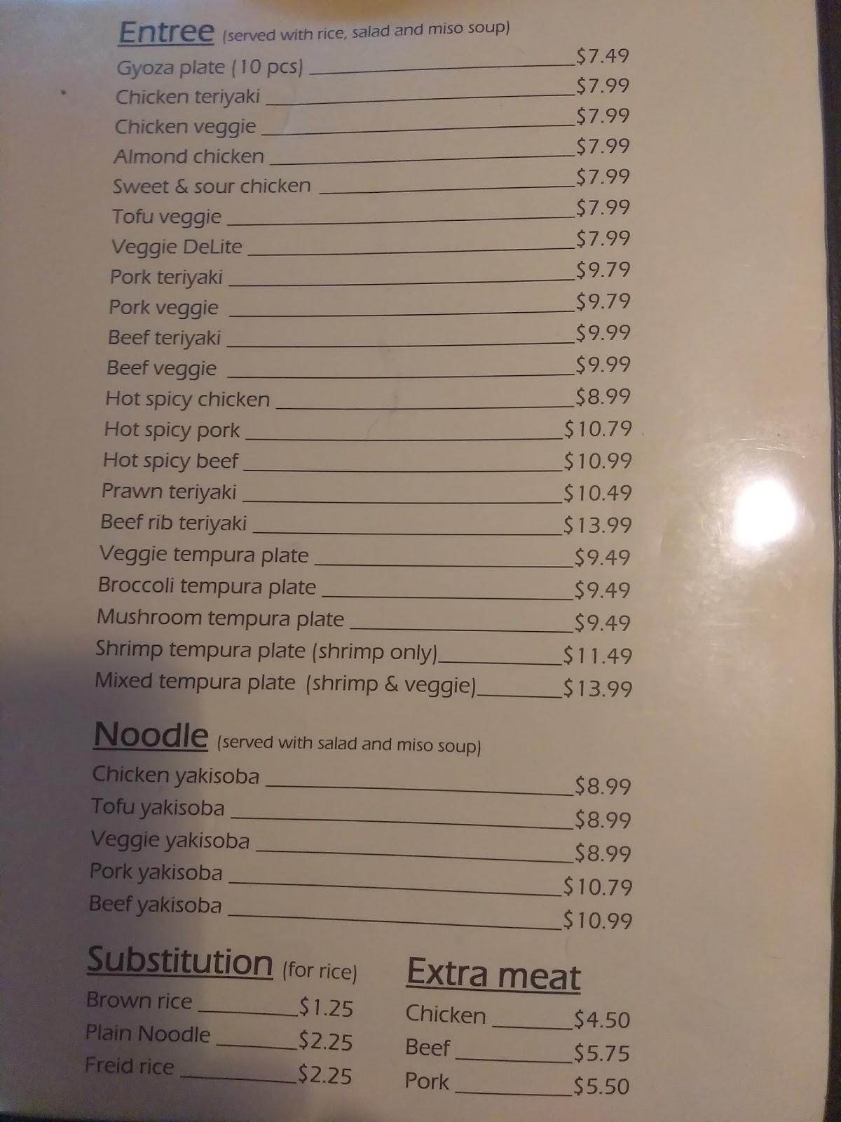 Menu at Minami Teriyaki restaurant, Longview