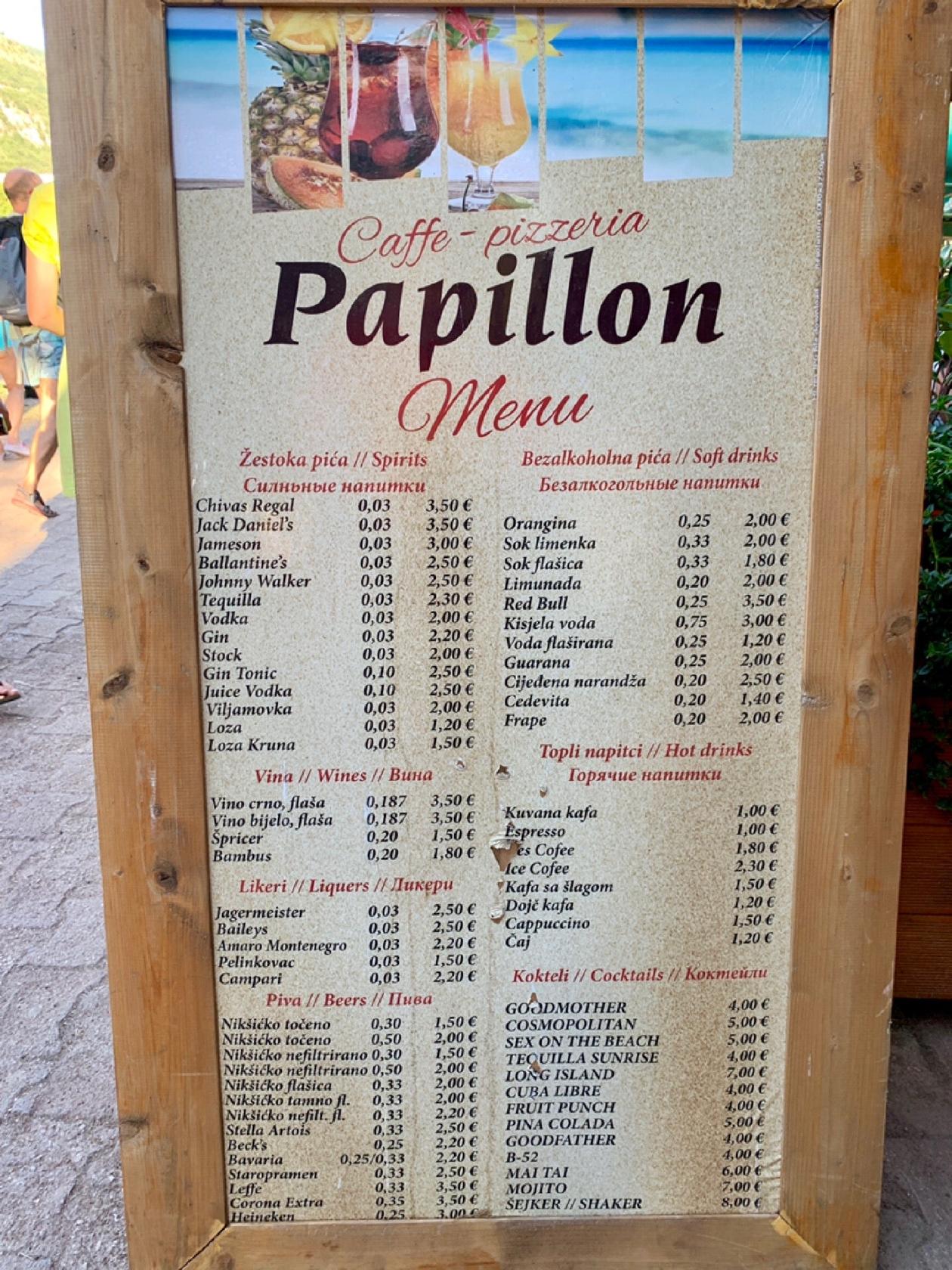 Speisekarte von Papillon restaurant, Rafailovići