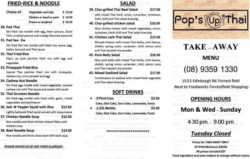 Menu at Pops Up Thai restaurant, Forrestfield