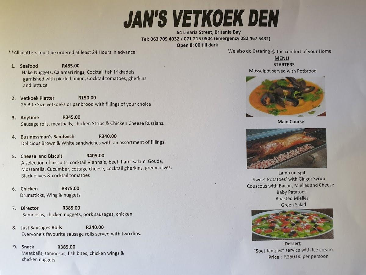 Menu at Jan's Vetkoek Den restaurant, Saint Helena Bay, 64 Linaria St
