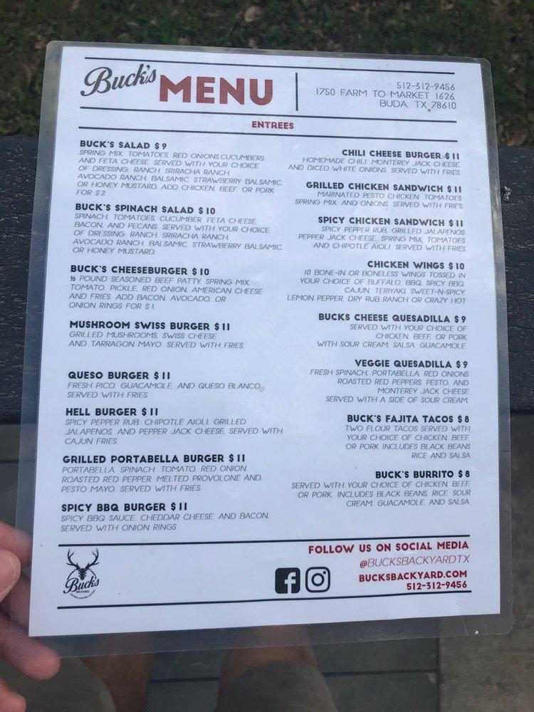 Menu at Buck's Backyard pub & bar, Buda