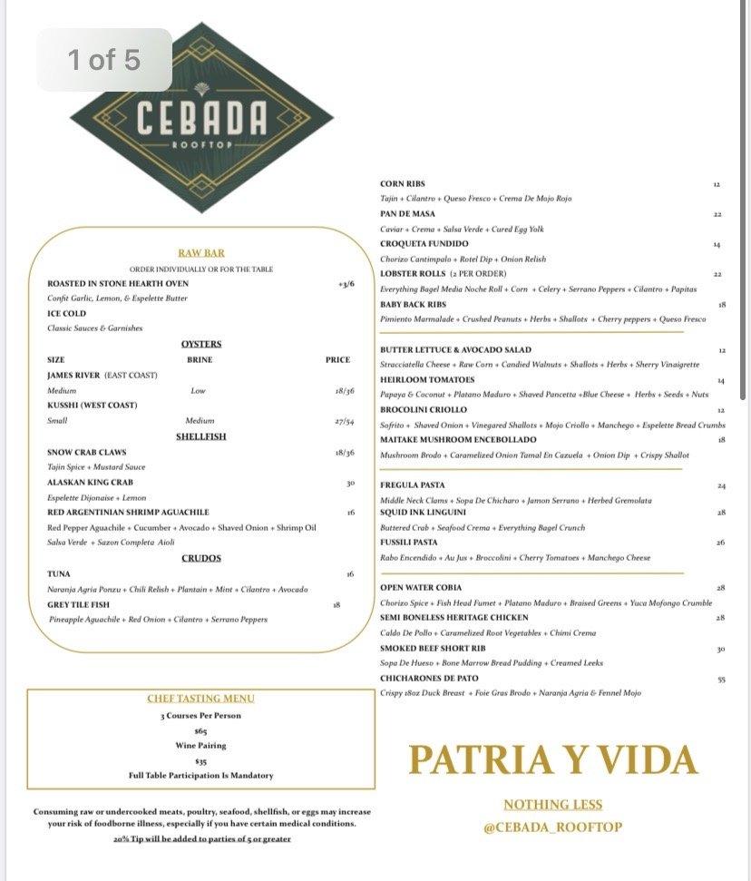 Menu at Cebada Rooftop pub & bar, Coral Gables