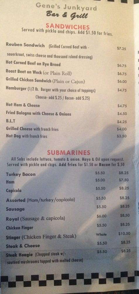Menu at Gene's Junkyard Bar & Grill, Tonawanda