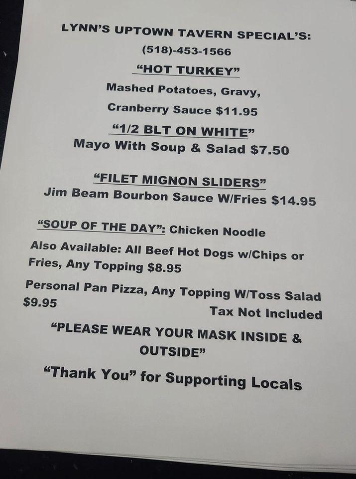 Menu at Lynn's Uptown Tavern pub & bar, Albany