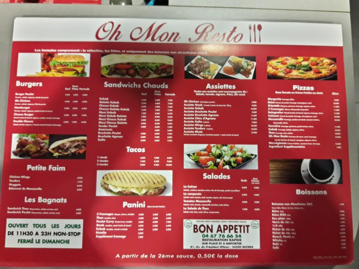 Menu au Oh Mon Resto restaurant, Béziers