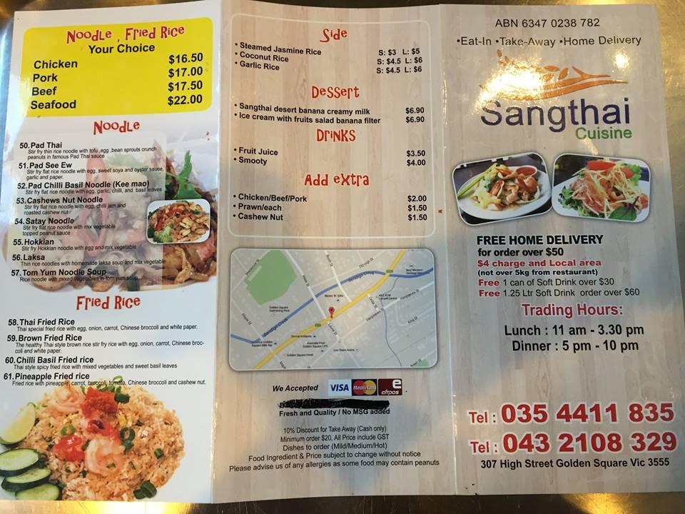 Menu at SangThai Cuisine restaurant, Bendigo