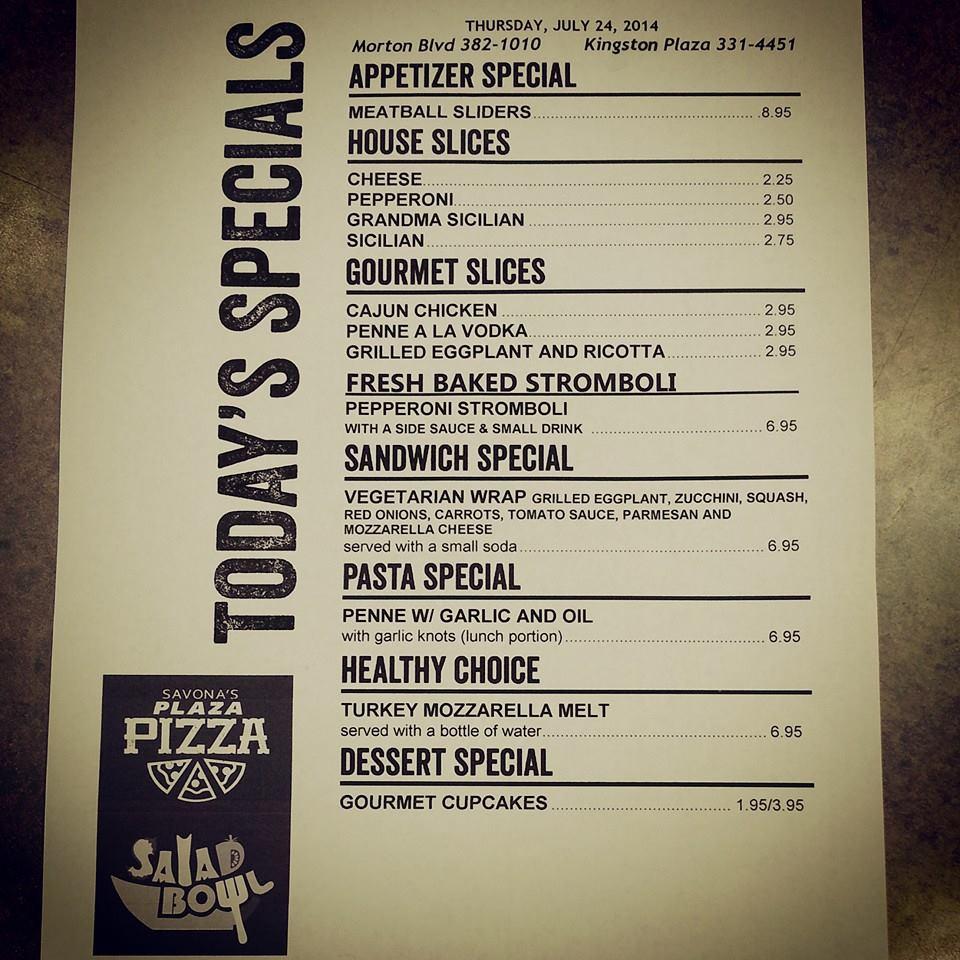 Menu at Savona's Plaza Pizza pizzeria, Kingston, Morton Blvd