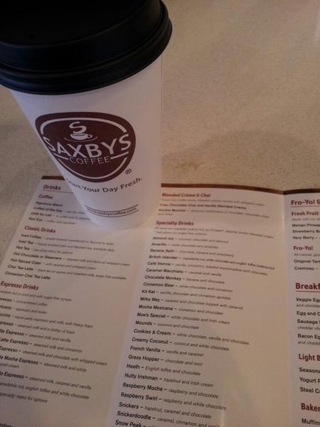 Menu at Saxbys Lehigh University cafe, Bethlehem