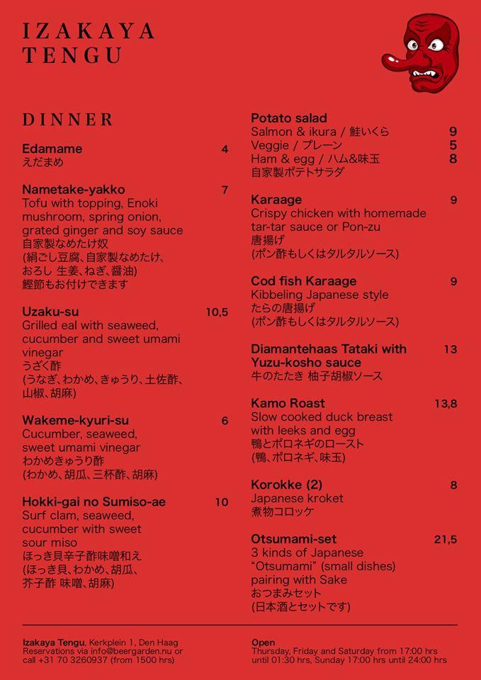 Menu at Tengu, The Hague