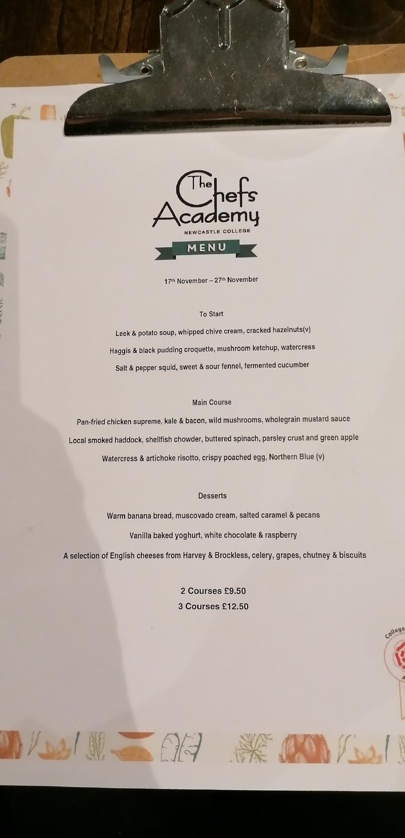 Menu at Chefs' Academy Restaurant, Newcastle upon Tyne