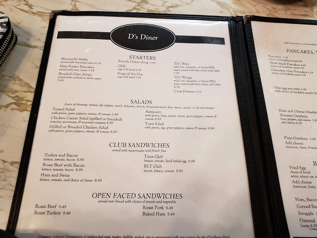 Menu at D's Diner restaurant, Wilkes-Barre
