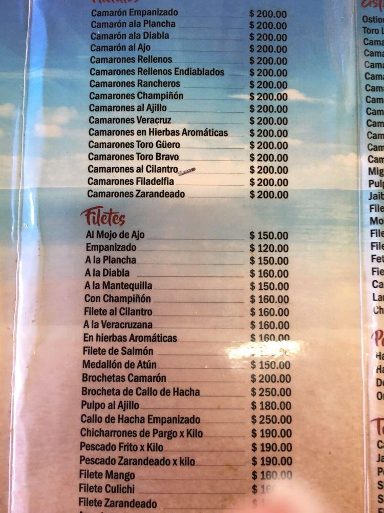 Menu at El Toro Guero Seafood restaurant, Cabo San Lucas