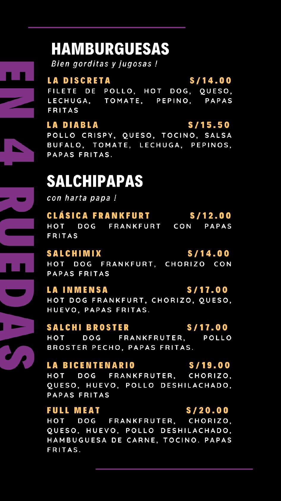 Carta del restaurante En 4 Ruedas Comida Rapida, Rimac