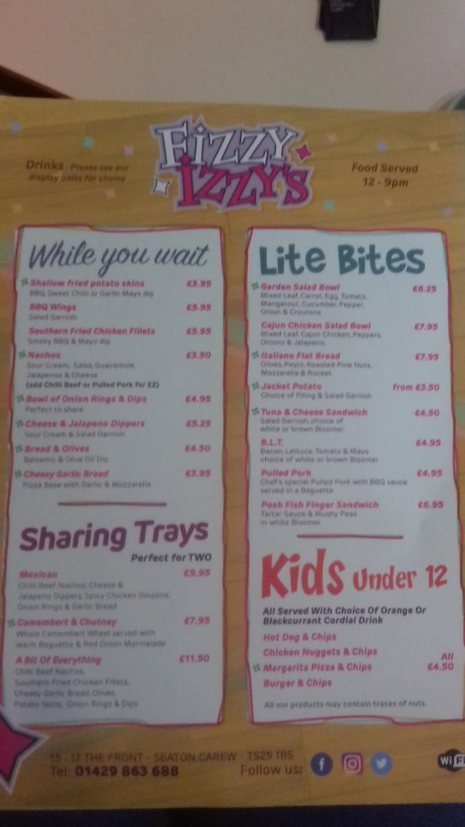 Menu at Fizzy Izzy's restaurant, Hartlepool