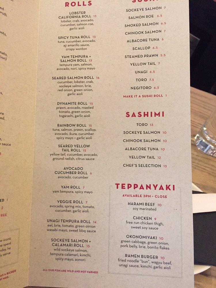 Menu at Goro + Gun restaurant, Calgary